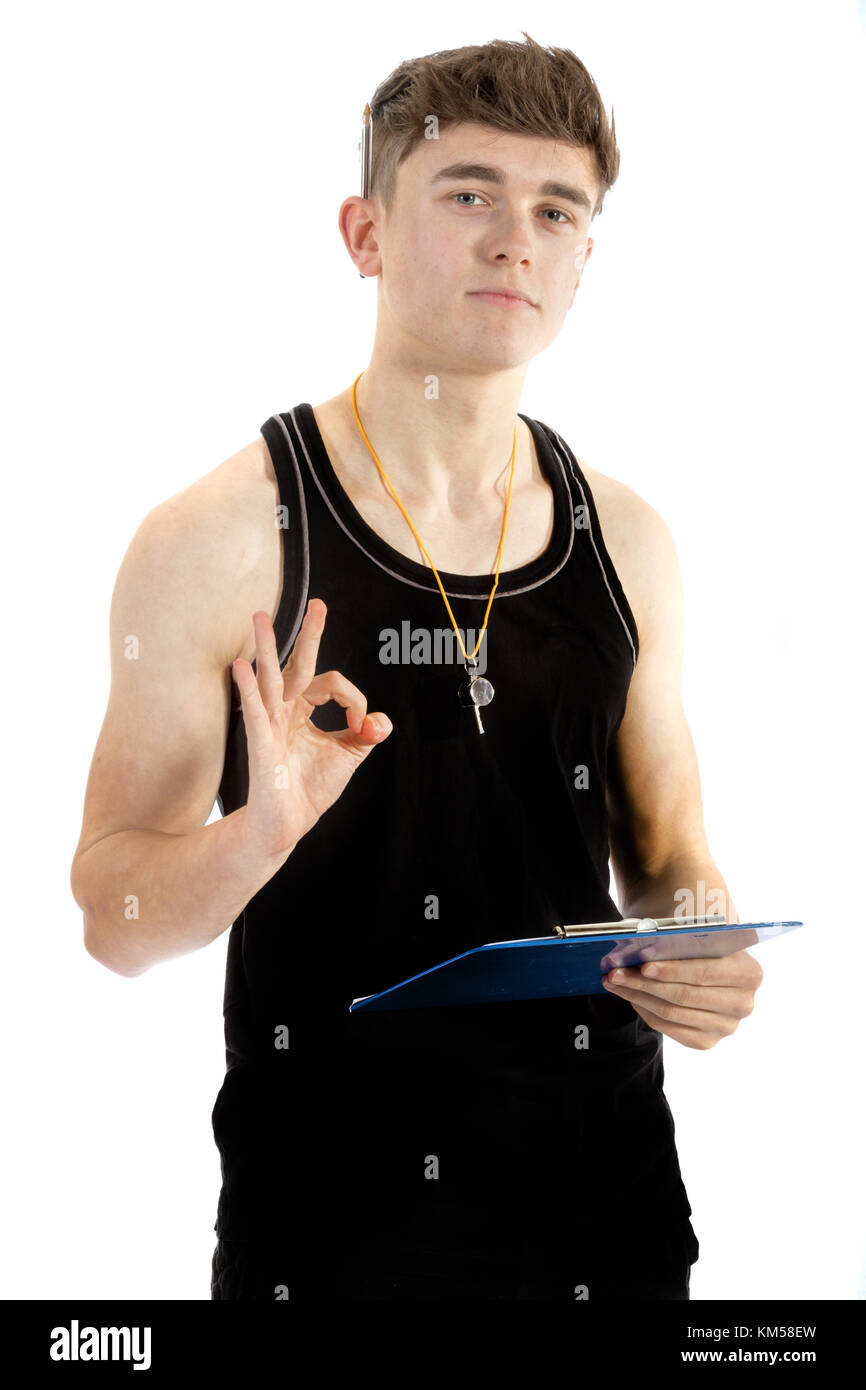 Teenage personal trainer giving positive gestures isolated on white ...