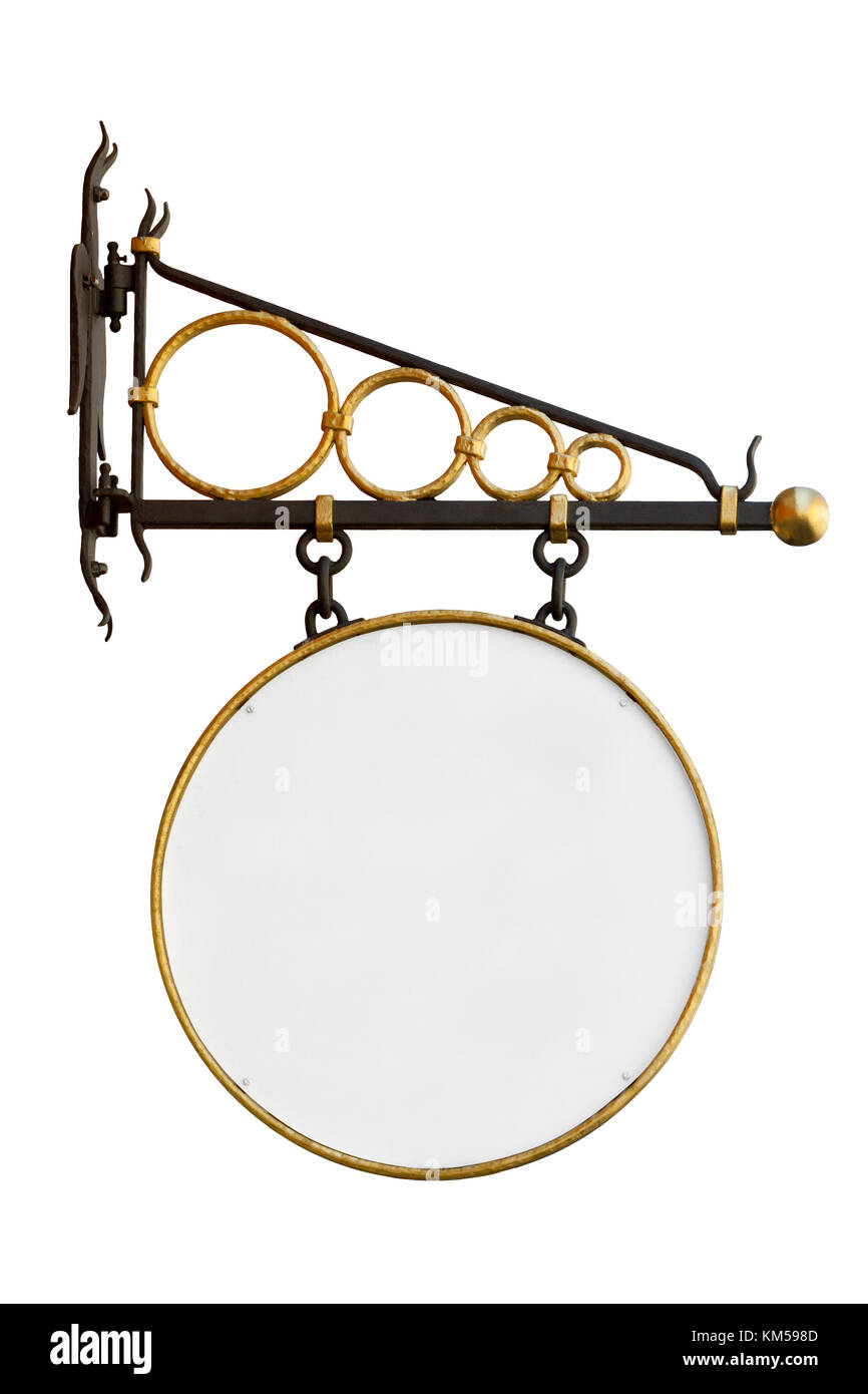 Gold plated wrought iron wall mounted circular shop sign without text ...