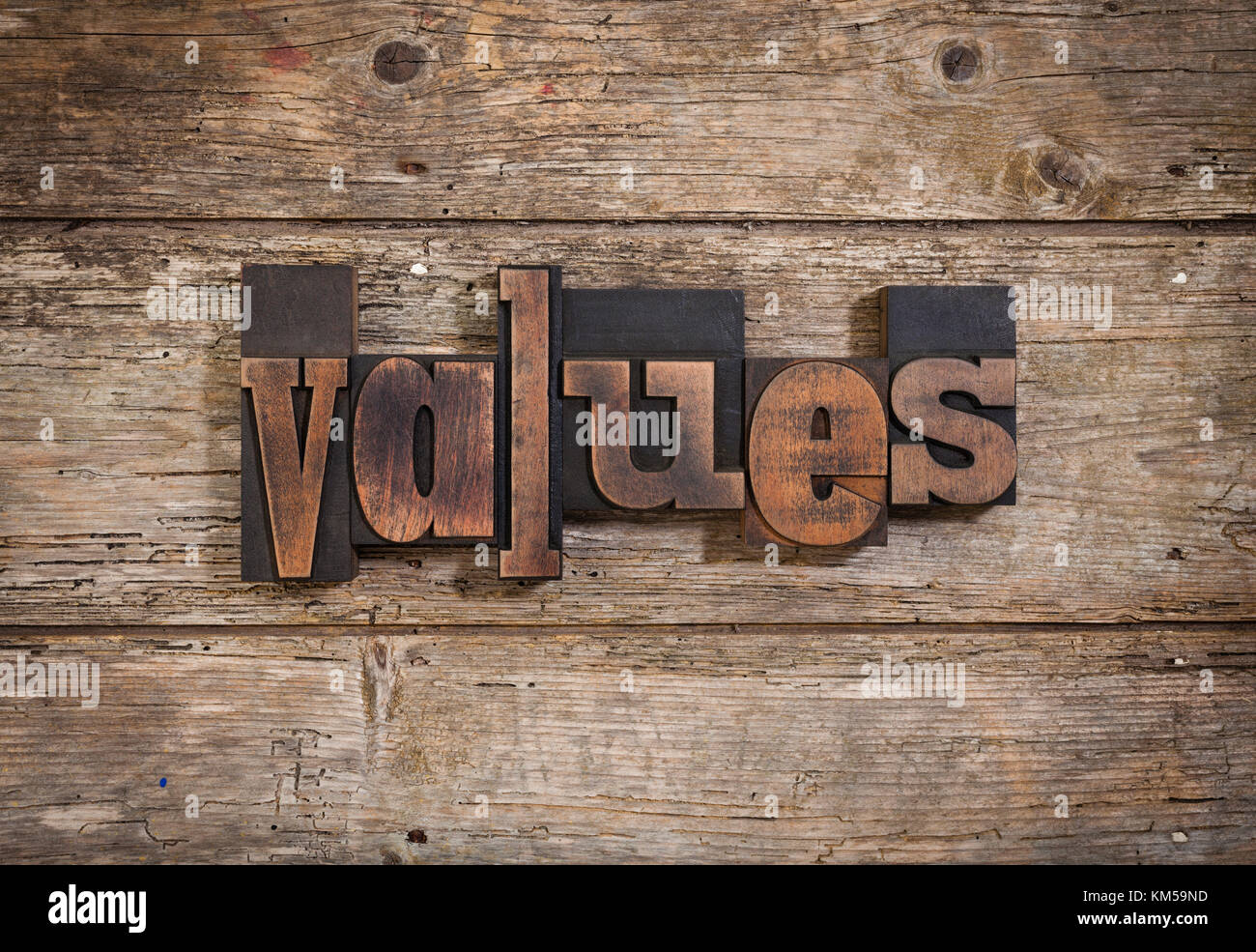 values, single word set with vintage letterpress printing blocks on ...