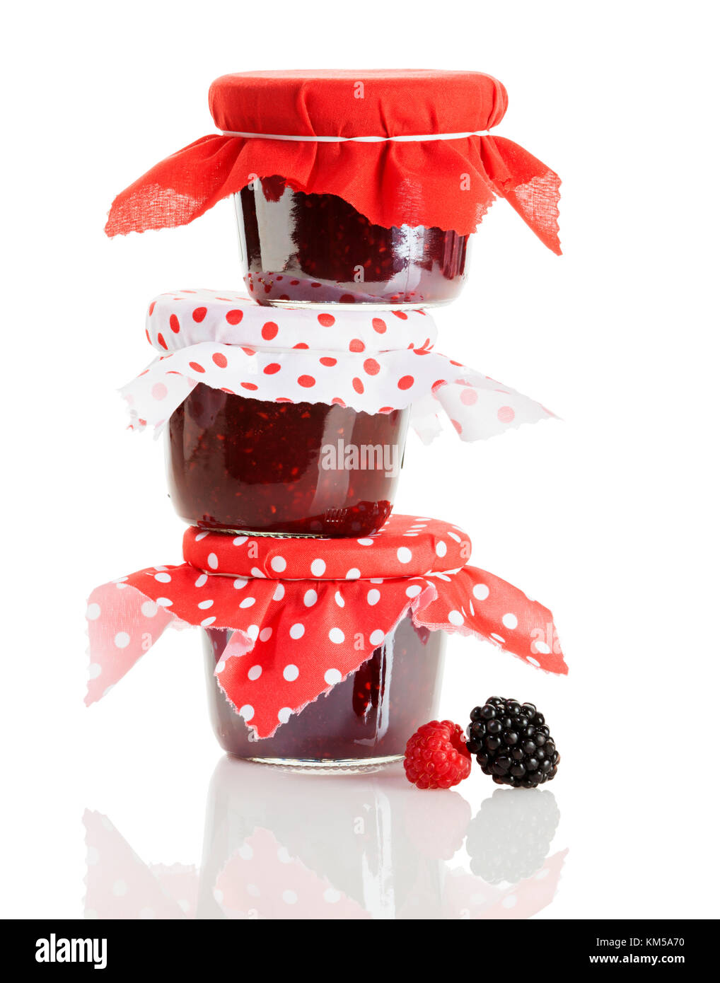 Stack of three jars with raspberry and blackberry jam isolated Stock ...