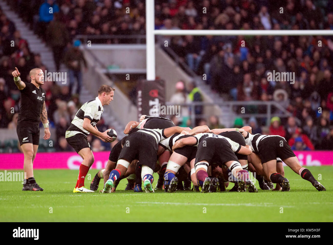 Barbarians's Andy Ellis (9) throwing the ball into the scrum during the ...
