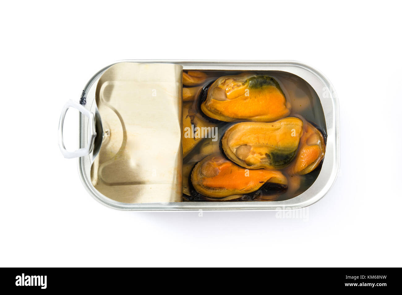 Mussels can preserves isolated on white background. Top view Stock ...