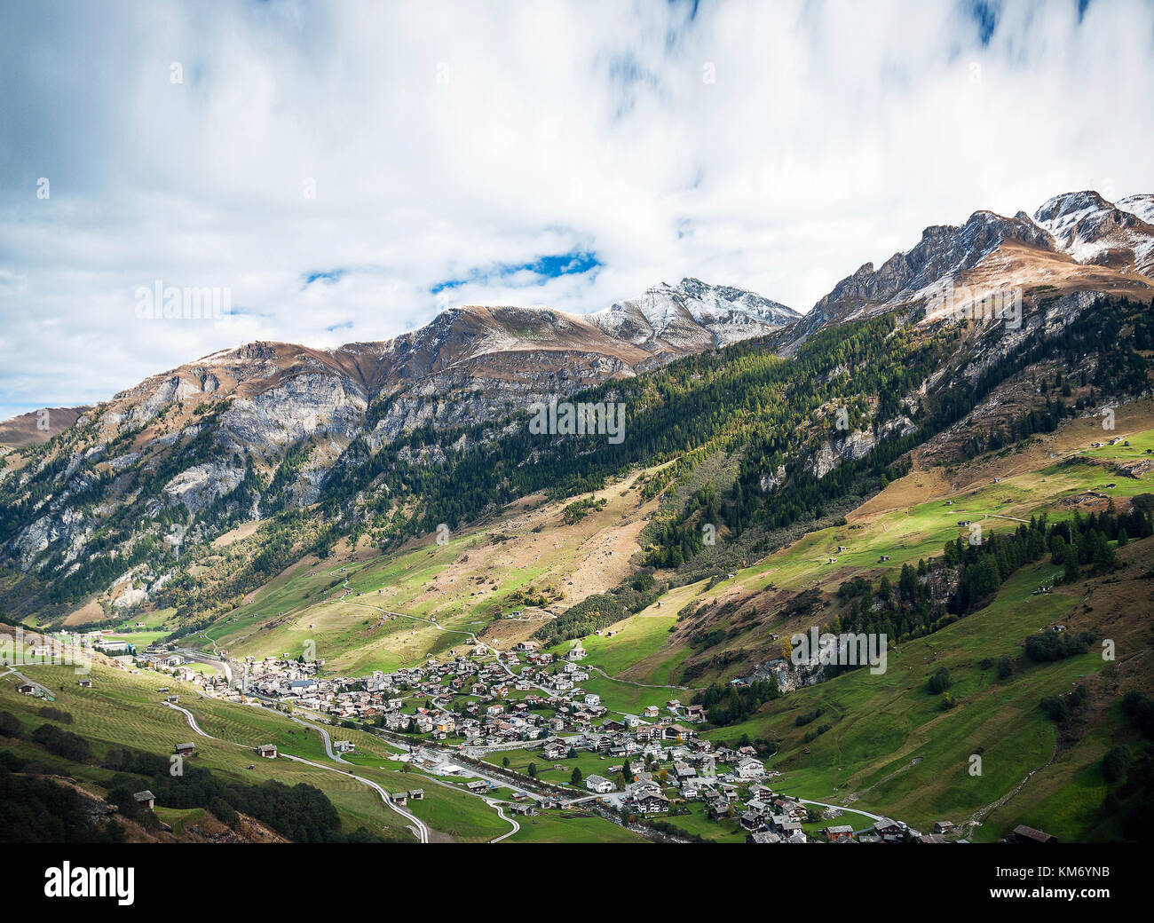 vals village alpine valley landscape and homes in central alps ...
