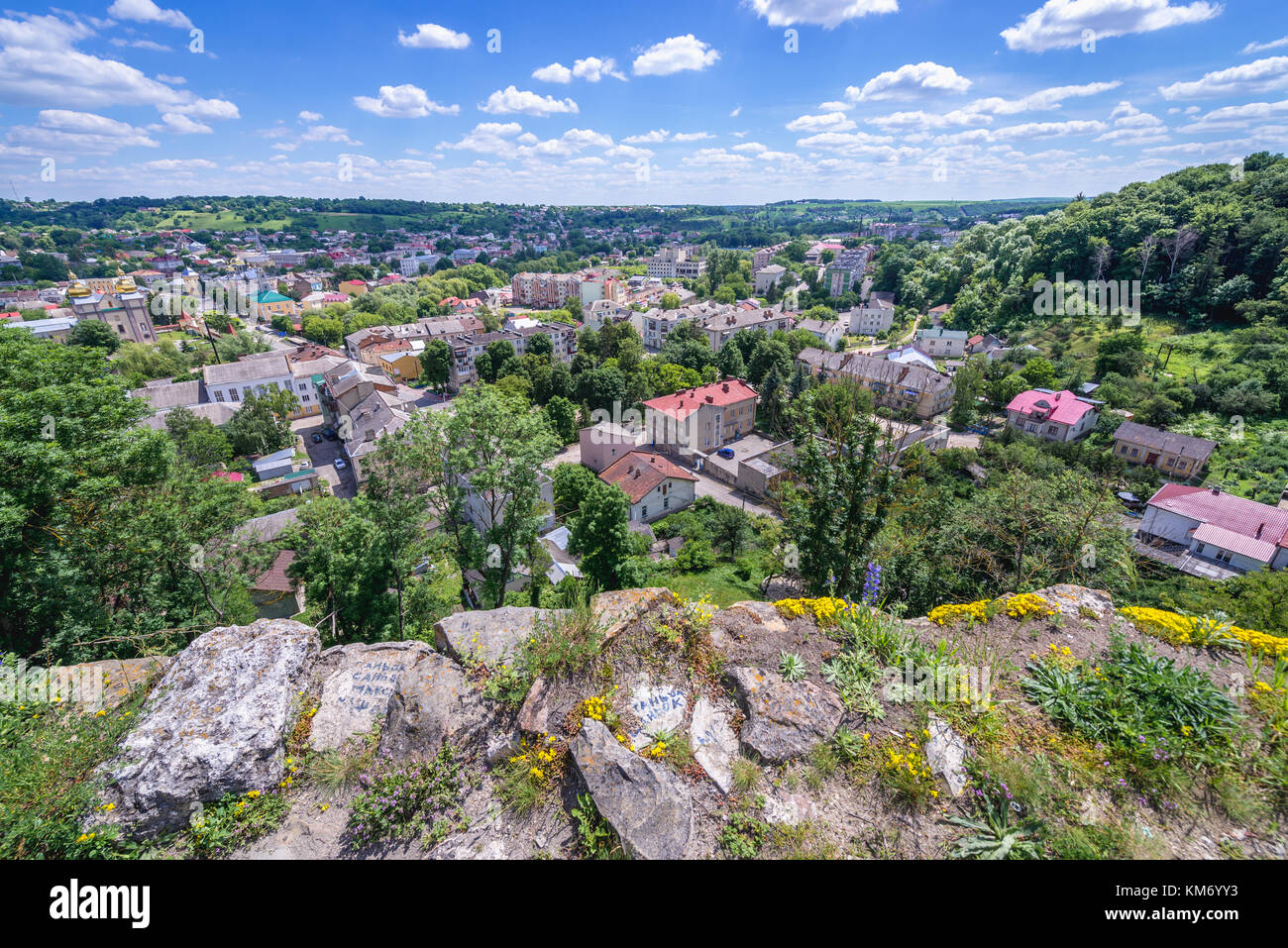 View from walls of 14th century castle in Terebovlia (Polish: Trembowla ...
