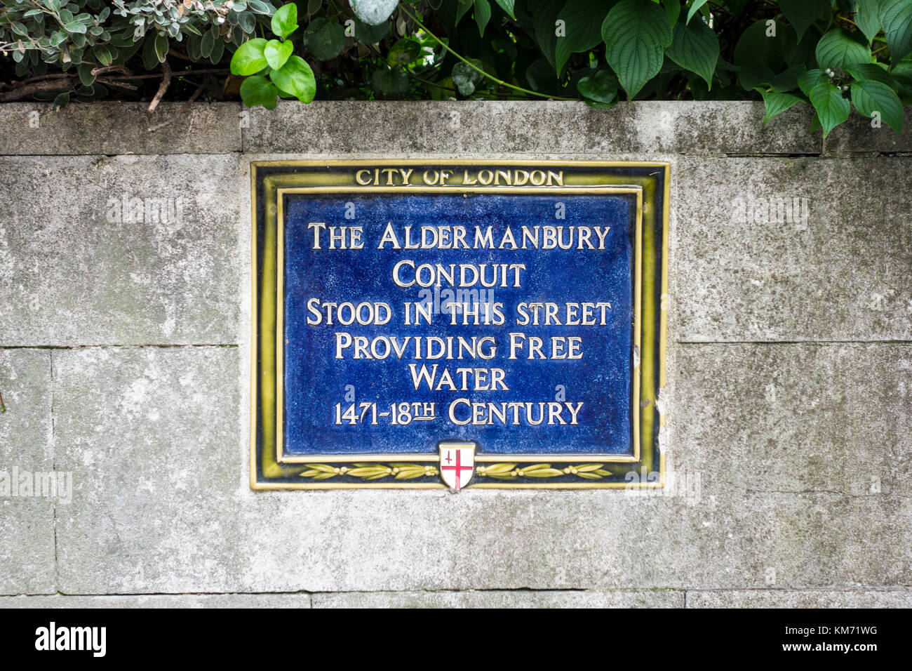 Blue plaque, The Aldermanbury Conduit site, City of London, UK Stock ...