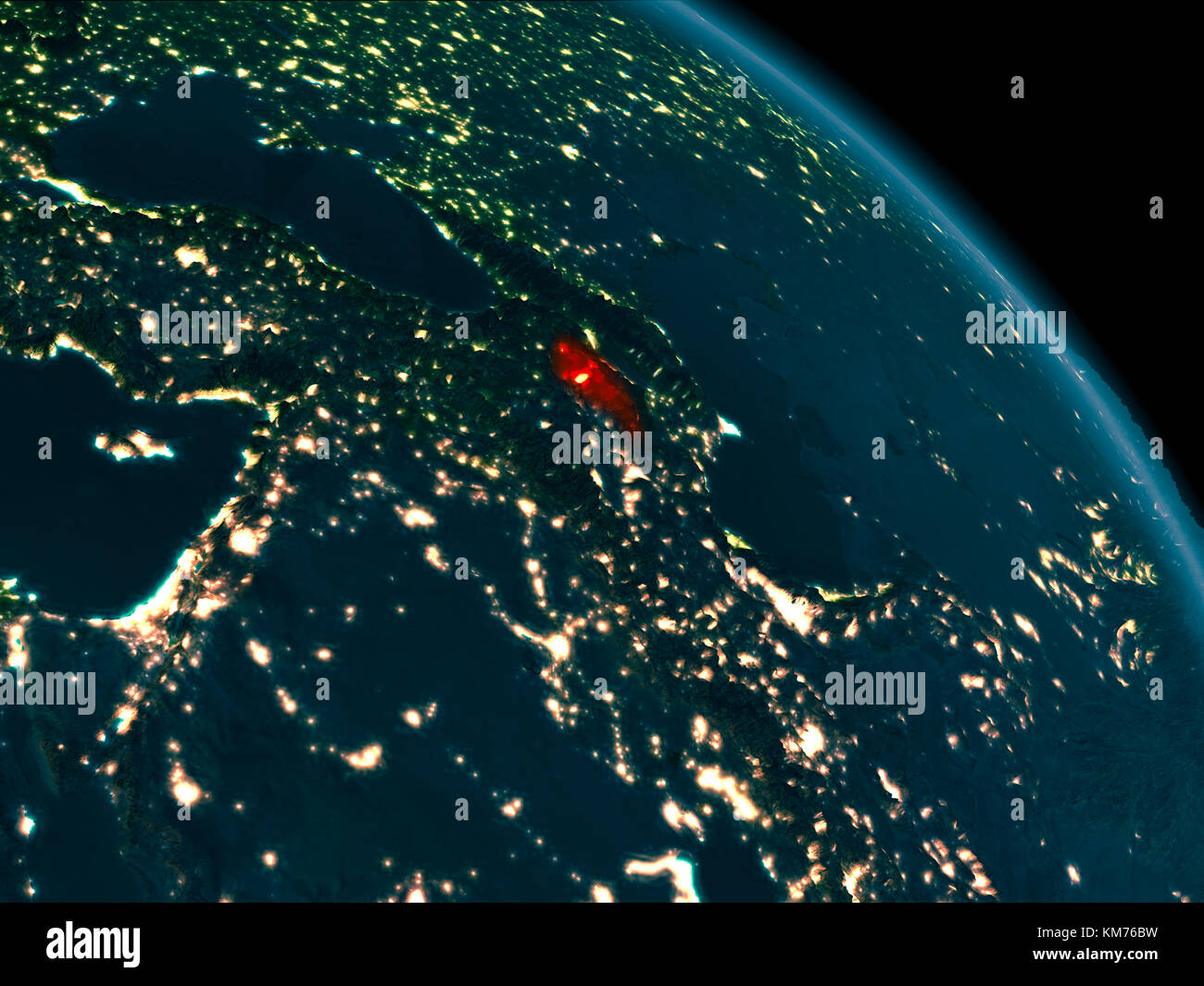 Orbit view of Armenia at night highlighted in red on planet Earth with highly detailed surface ...