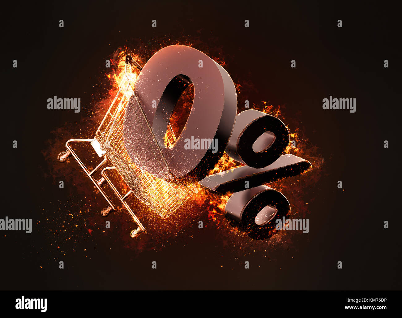 Burning shopping cart and red zero percentage discount sign. 3D ...