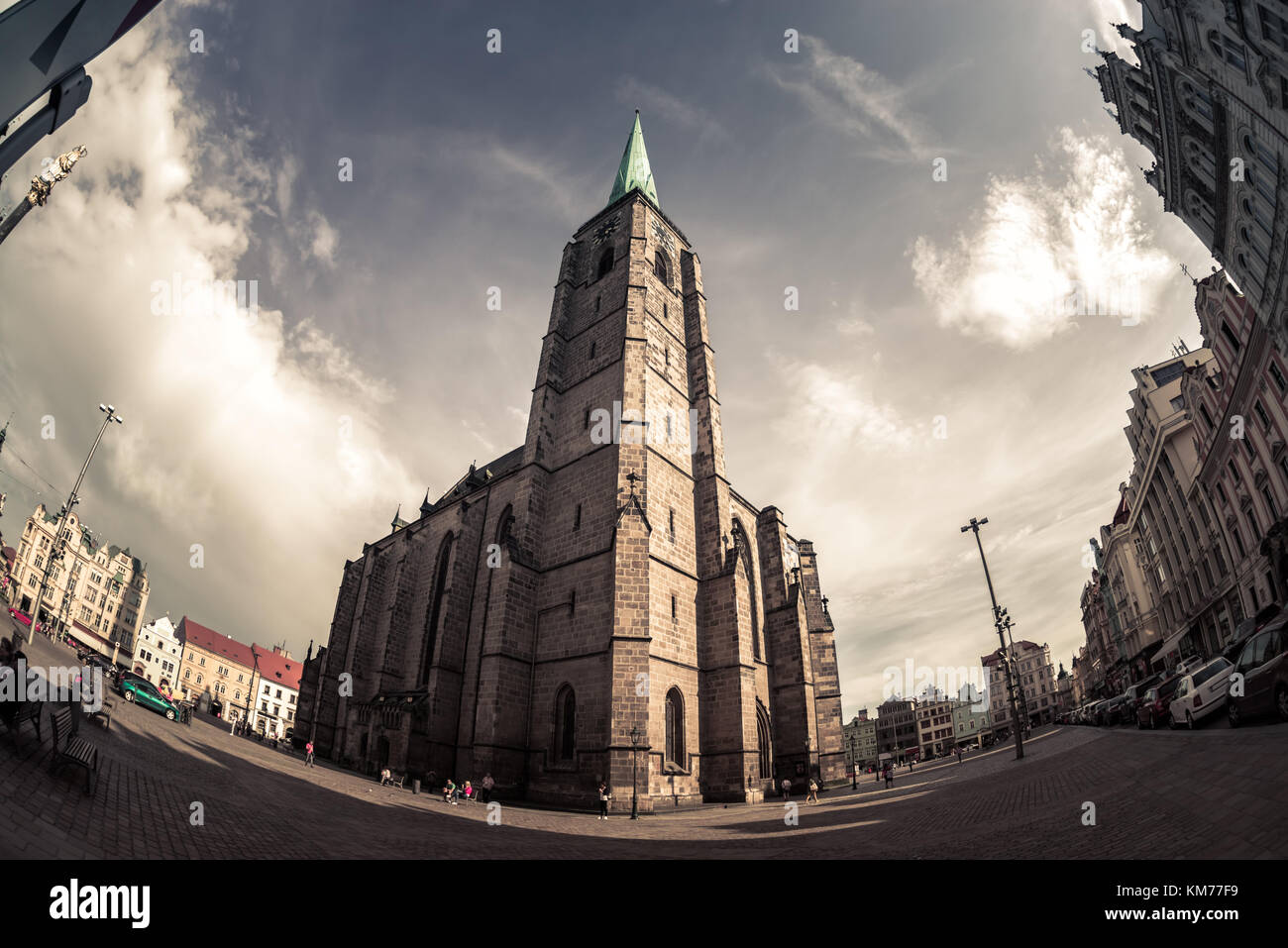 St. Bartholomew Cathedral at the main square of Plzen (Pilsen). Czech ...