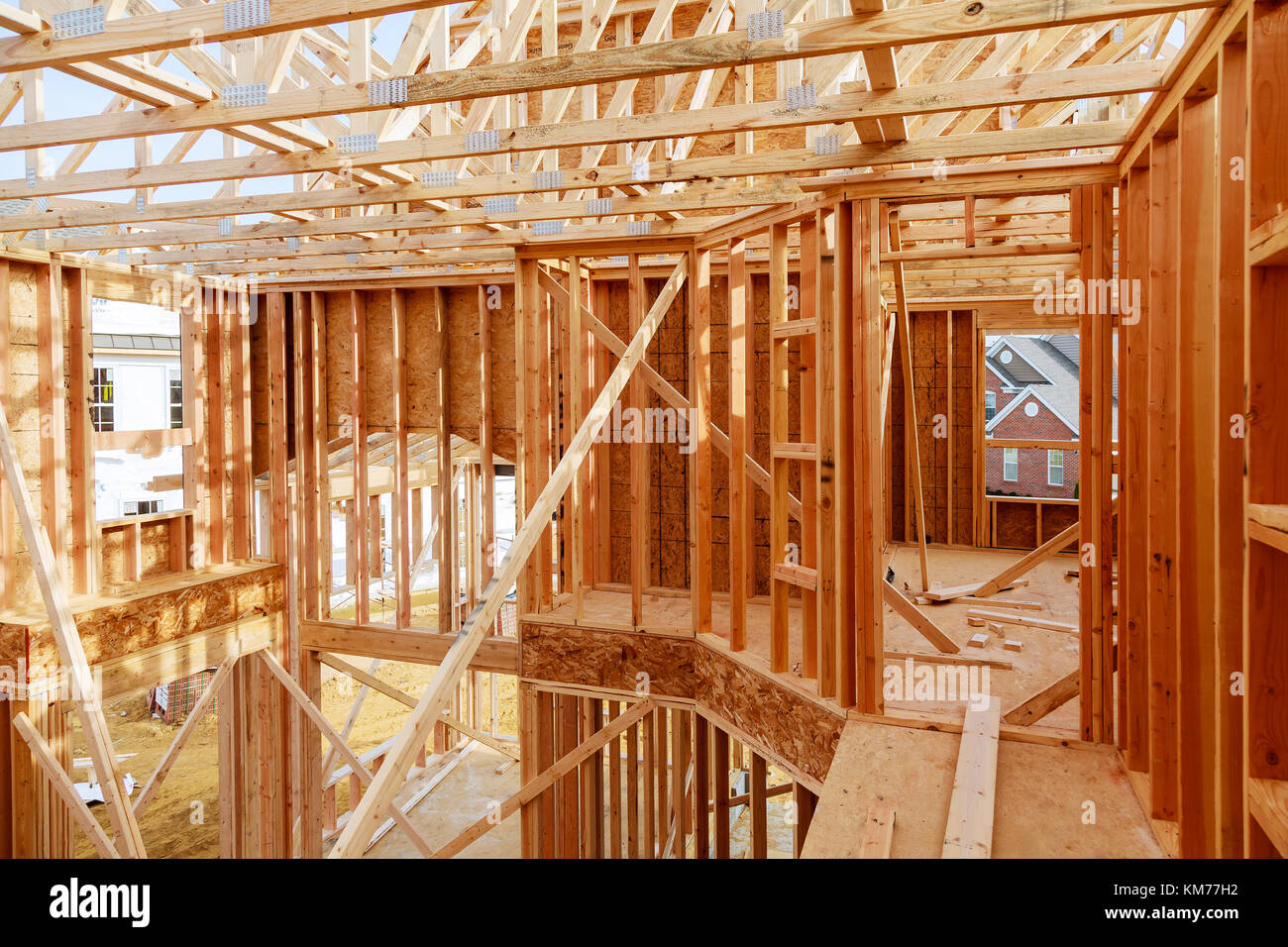 New home construction with wooden house frame building wooden building ...