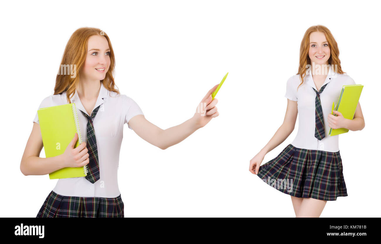 Young student female pointing isolated on white Stock Photo - Alamy
