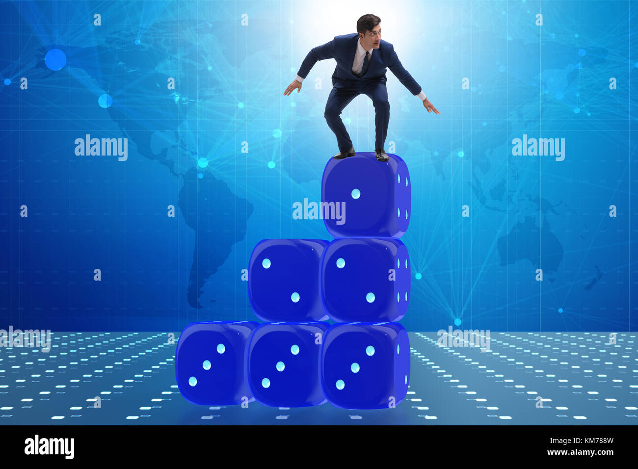 Businessman balancing on top of dice stack in uncertainty concept Stock ...