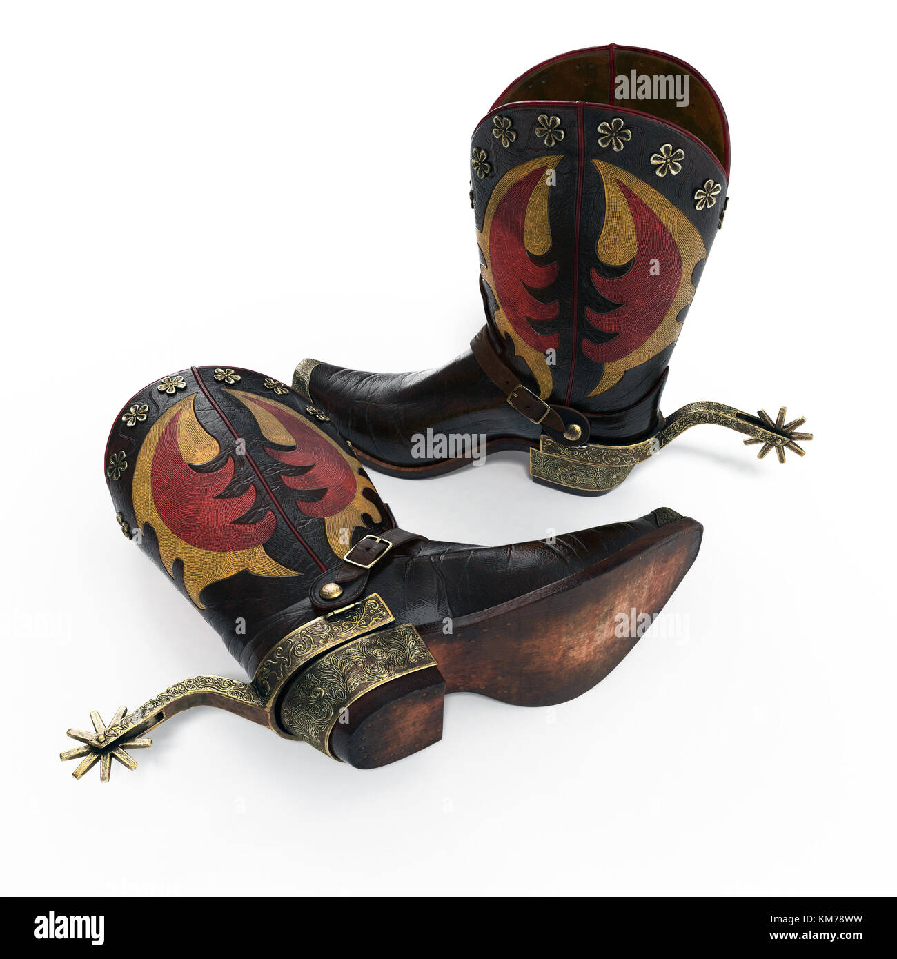 closeup of a pair cowboy boots with spurs on white. 3D illustration ...