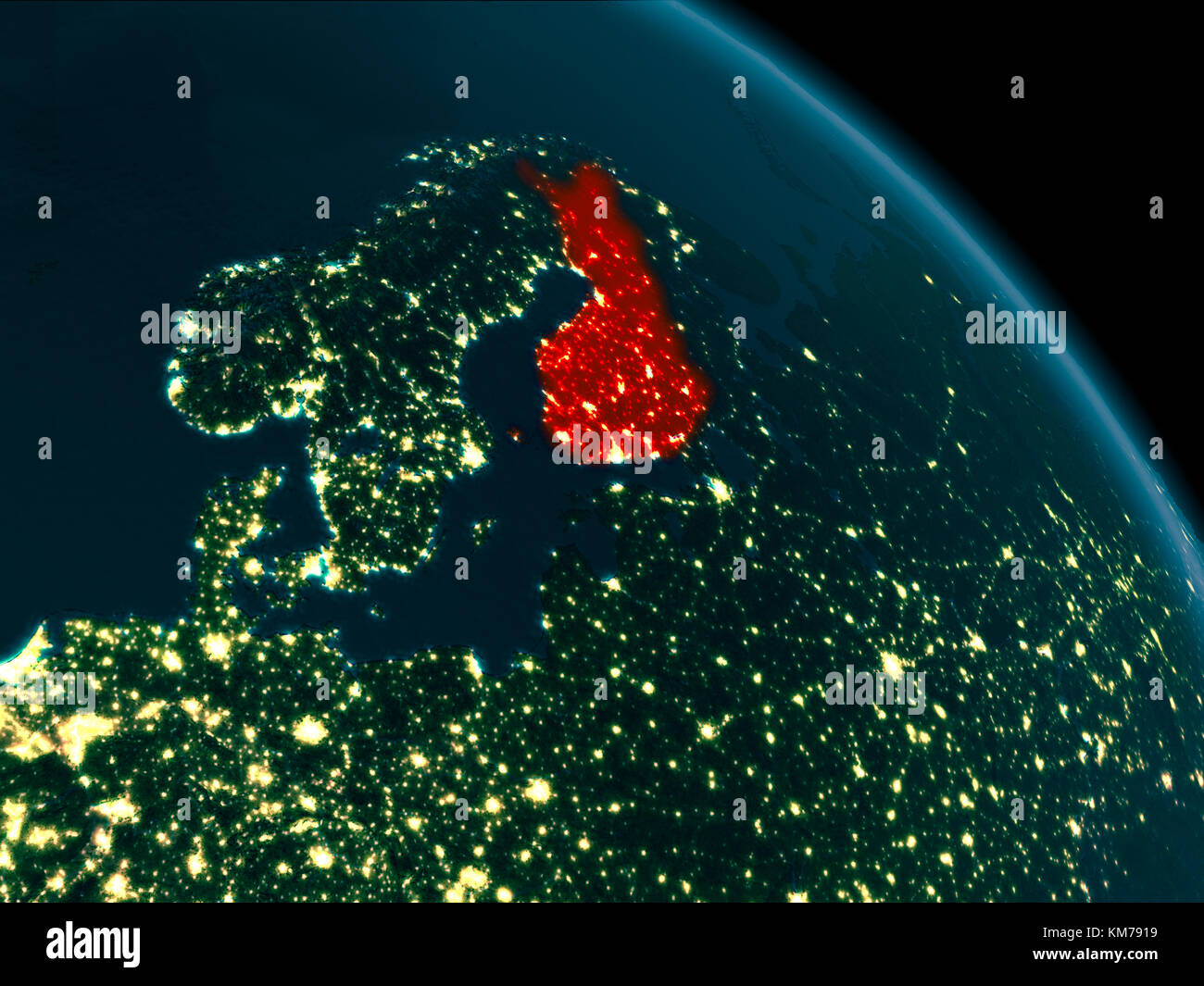 Orbit view of Finland at night highlighted in red on planet Earth with highly detailed surface ...