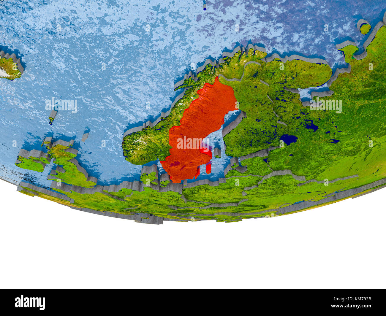 Sweden on 3D model of globe with real land surface, visible country ...