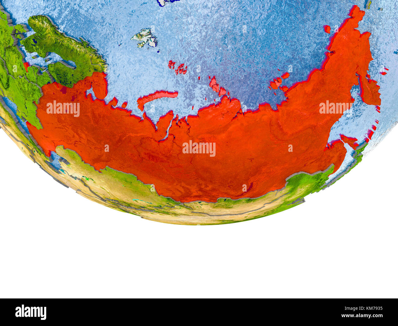 Russia on 3D model of globe with real land surface, visible country ...