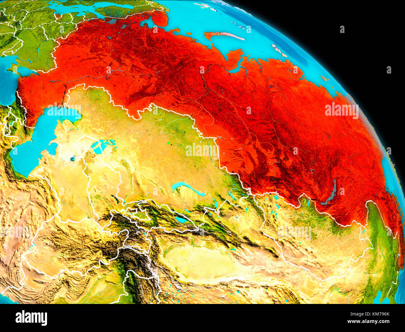 Space orbit view of Russia highlighted in red on planet Earth with ...