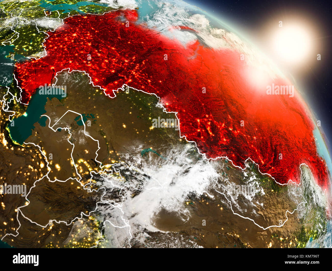 Sunset above Russia from space on planet Earth with visible country ...