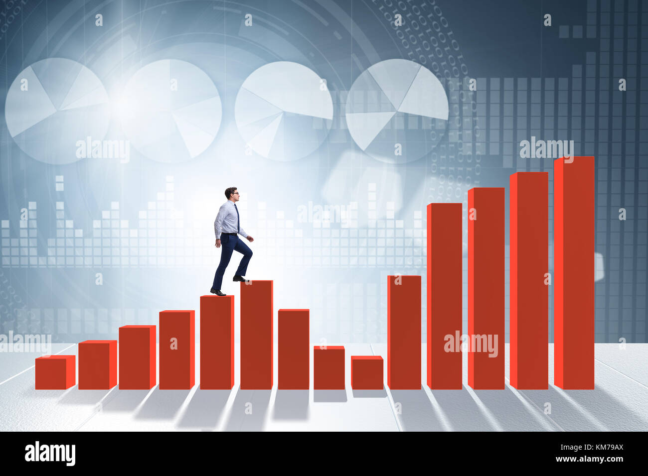 Businessman going up the bar chart in growth concept Stock Photo - Alamy