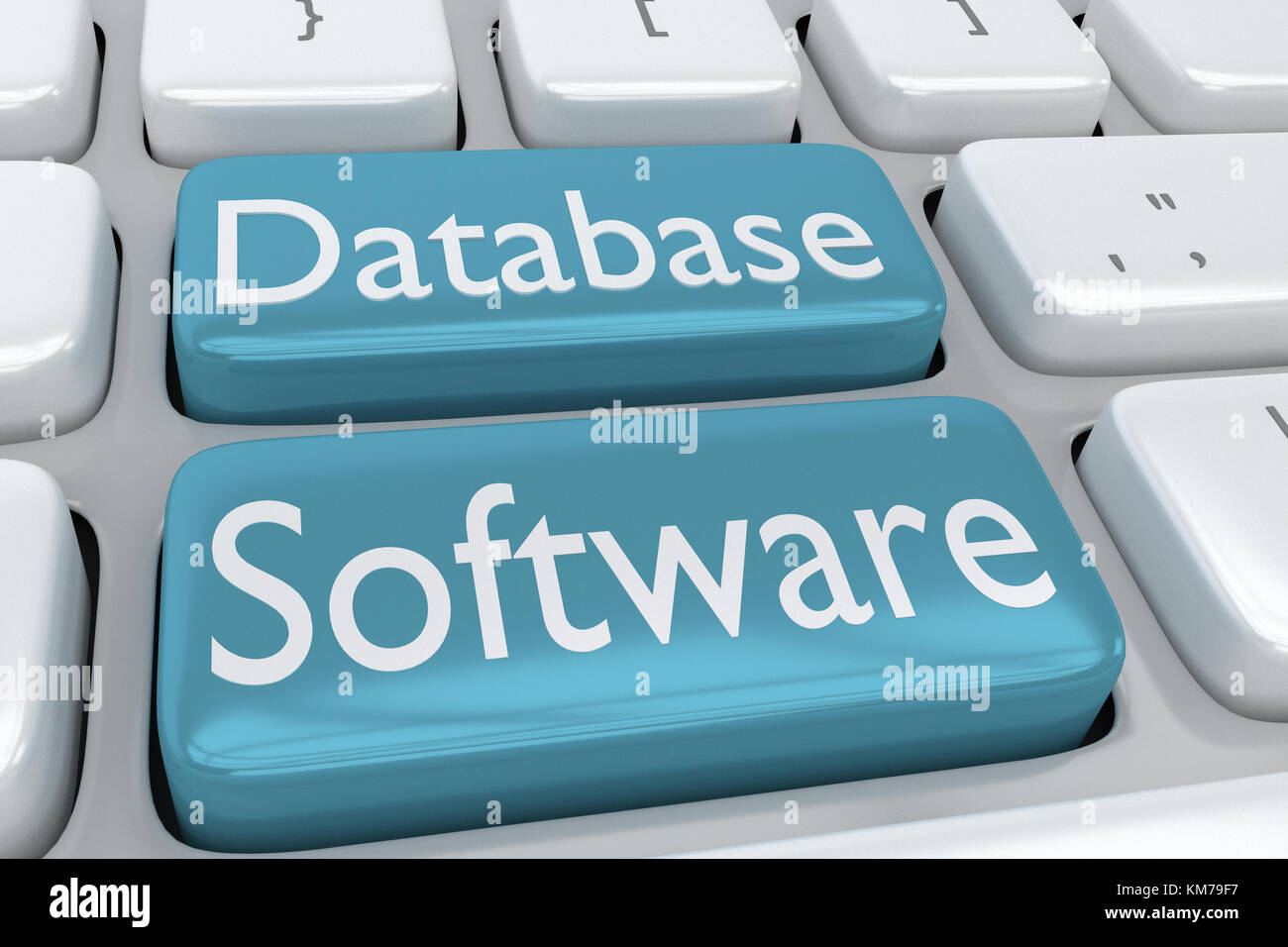3D illustration of computer keyboard with the script "Database Software" on two adjacent pale ...