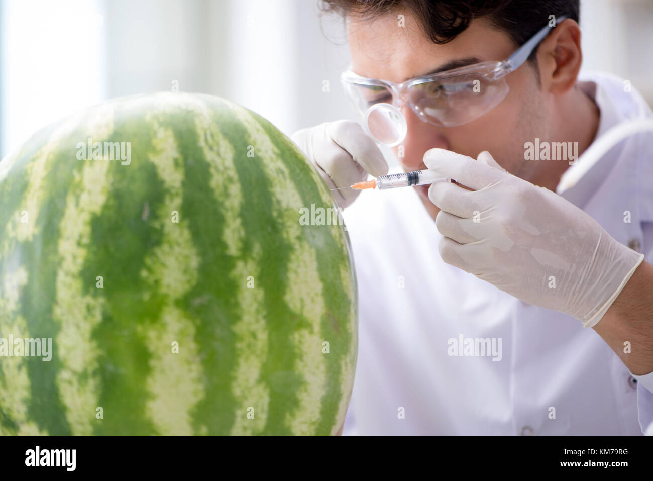 Scientist testing watermelon in lab Stock Photo - Alamy