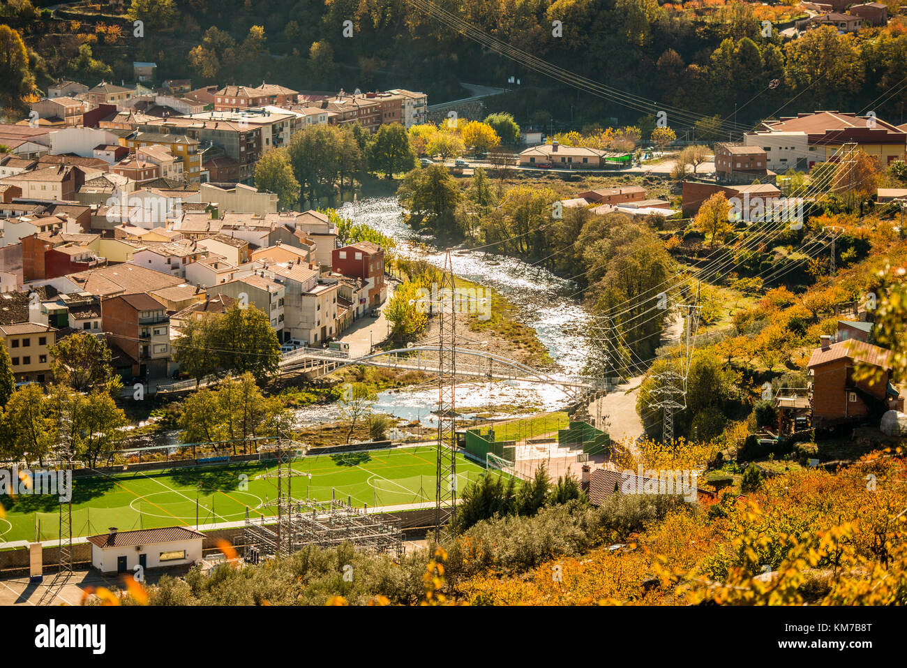 Views of the Jerte River as it passes through the town of Navaconcejo ...