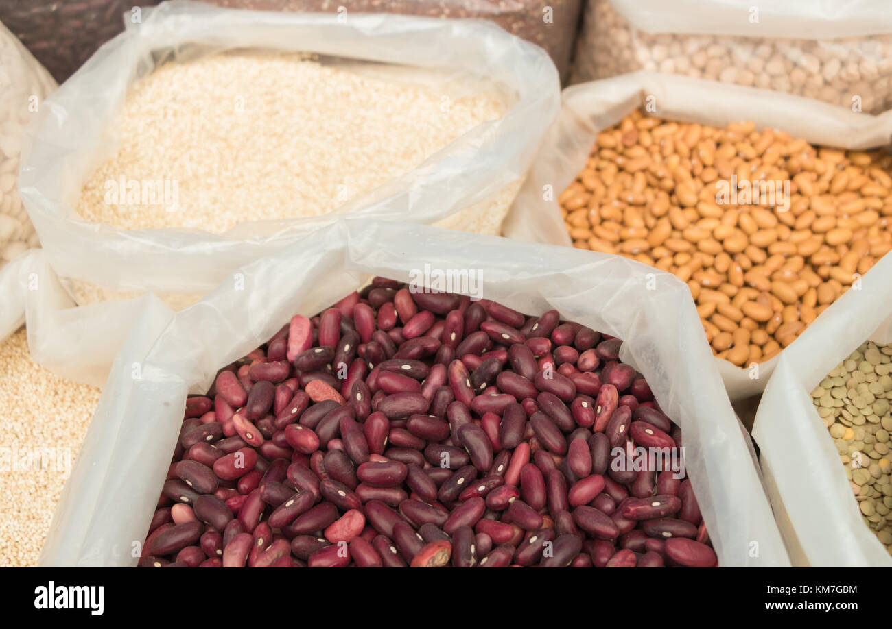 Dried Grains, Beans and legumes at the local market in Urubamba Peru ...