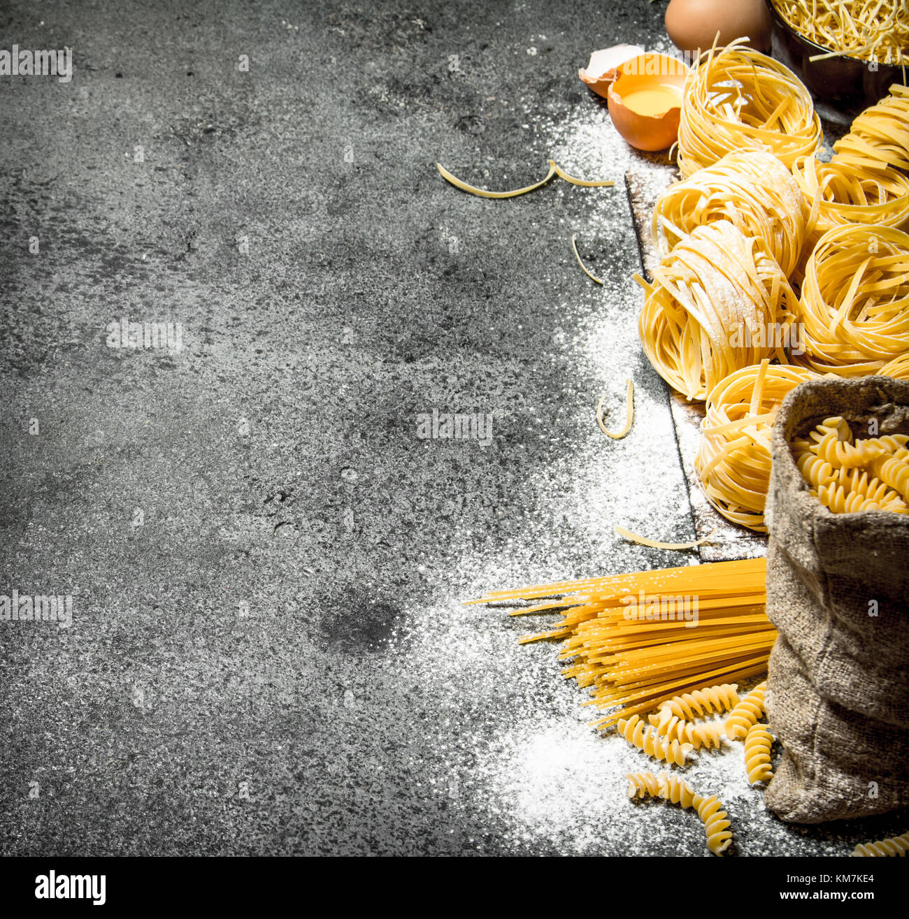 Pasta background. Cooking different types of pasta. On rustic ...