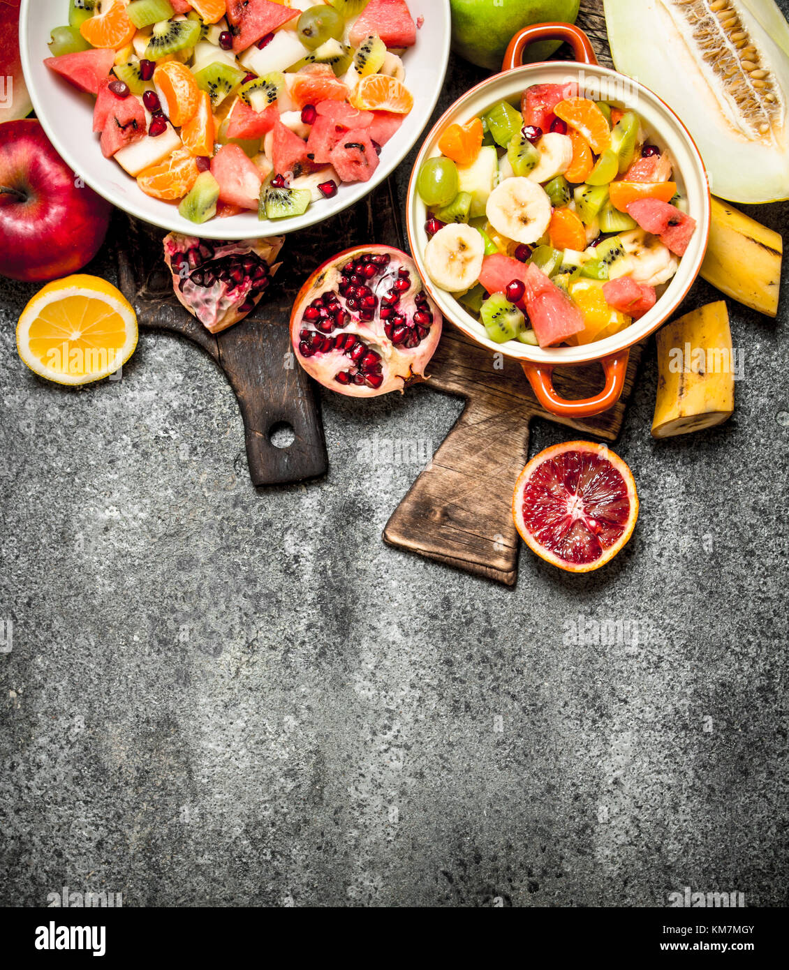 Tropical food . A tropical fruit salad. On rustic background Stock ...