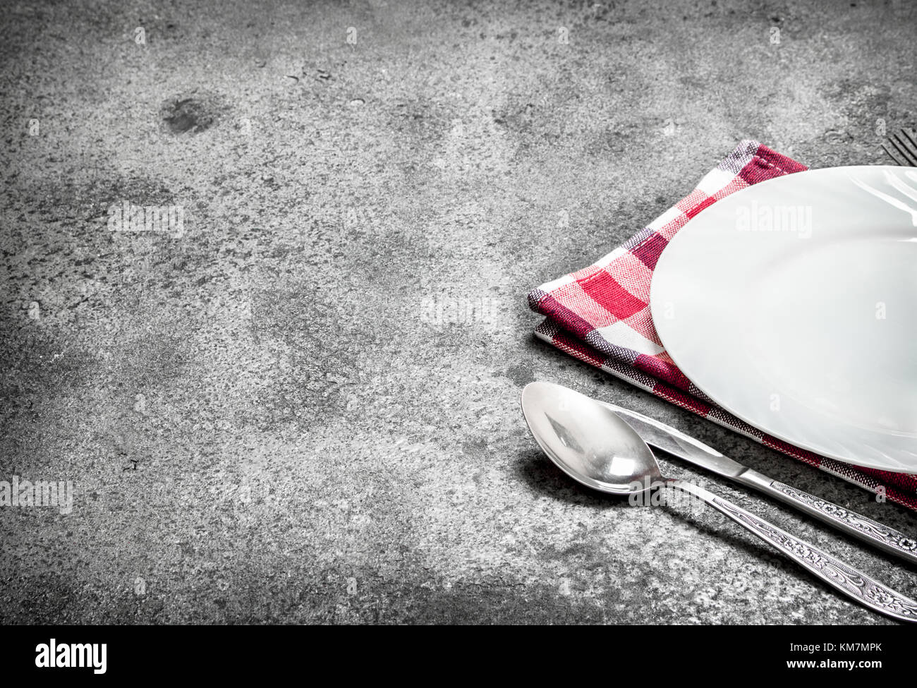 Serving background. Plate with Cutlery. On rustic background Stock ...