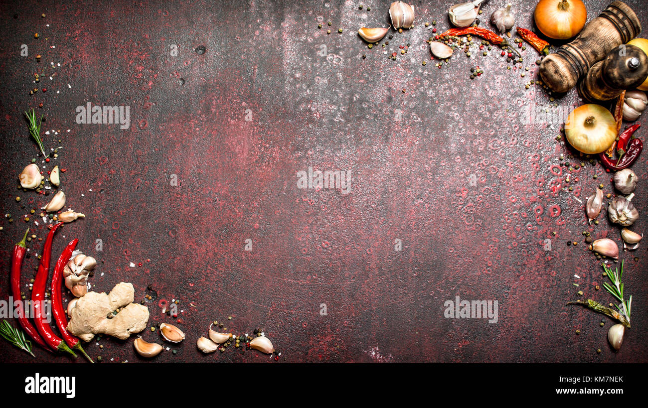 Fresh spices. Frame from a variety of aromatic spices. On rustic ...