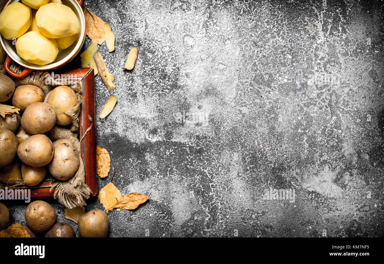 Fresh potatoes in an old tray. On rustic background Stock Photo - Alamy
