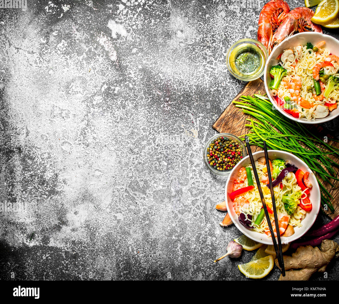 Asian food. Chinese noodles with vegetables. On rustic background Stock ...