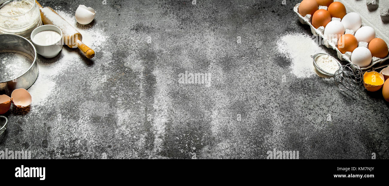 Baking background. A variety of ingredients for baking on rustic ...