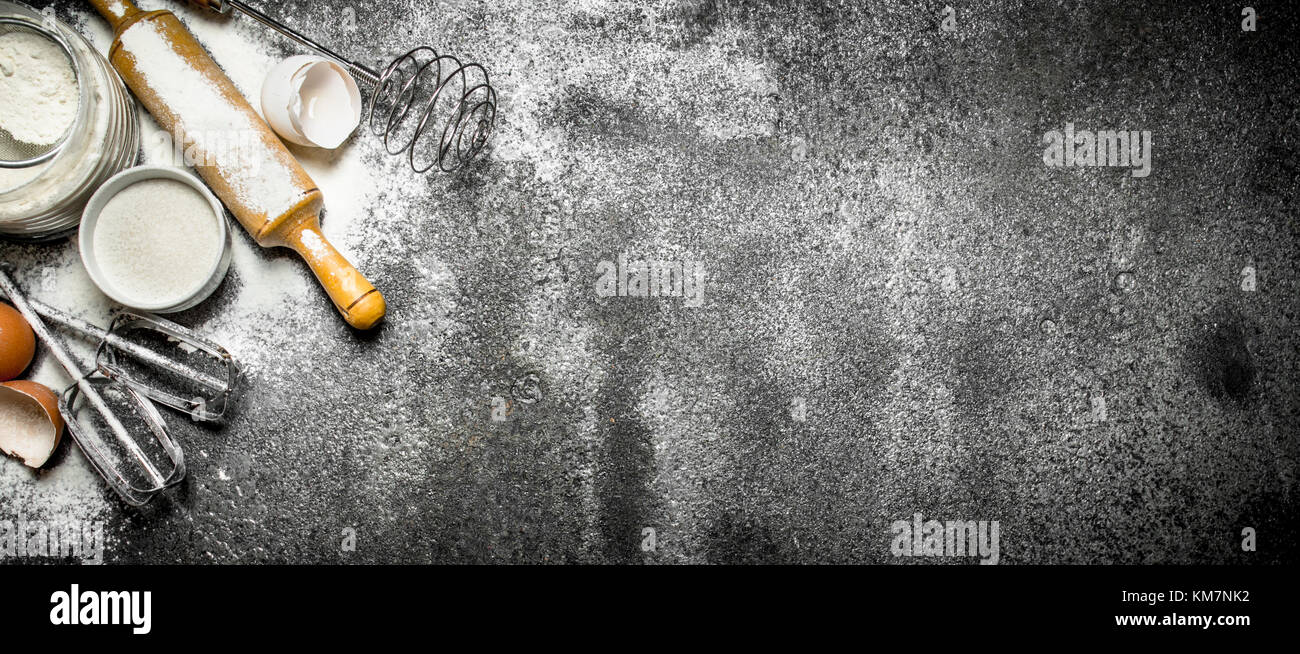 Baking background. Fresh ingredients for baking. On rustic background ...