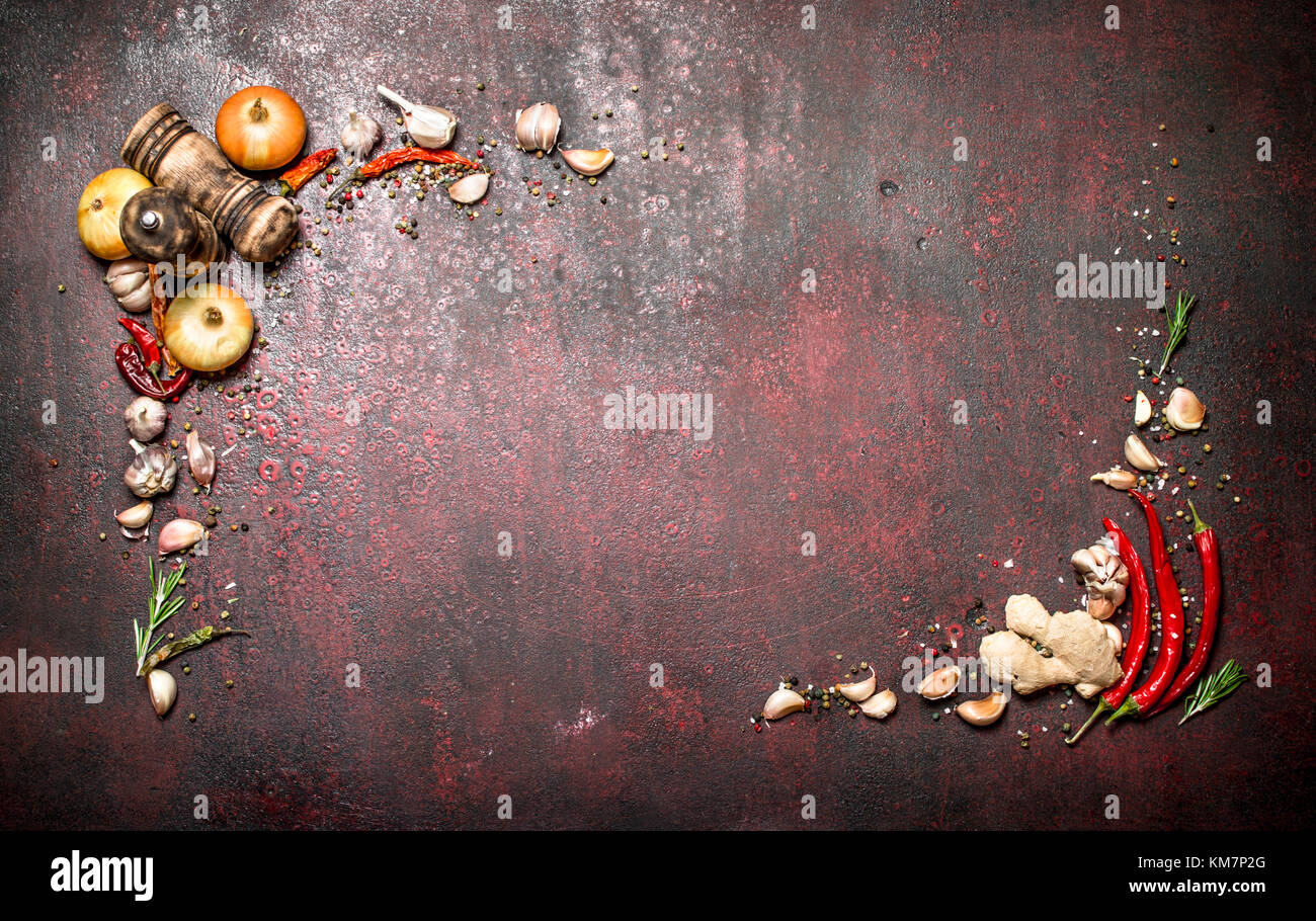Fresh spices. Frame from a variety of aromatic spices. On rustic ...