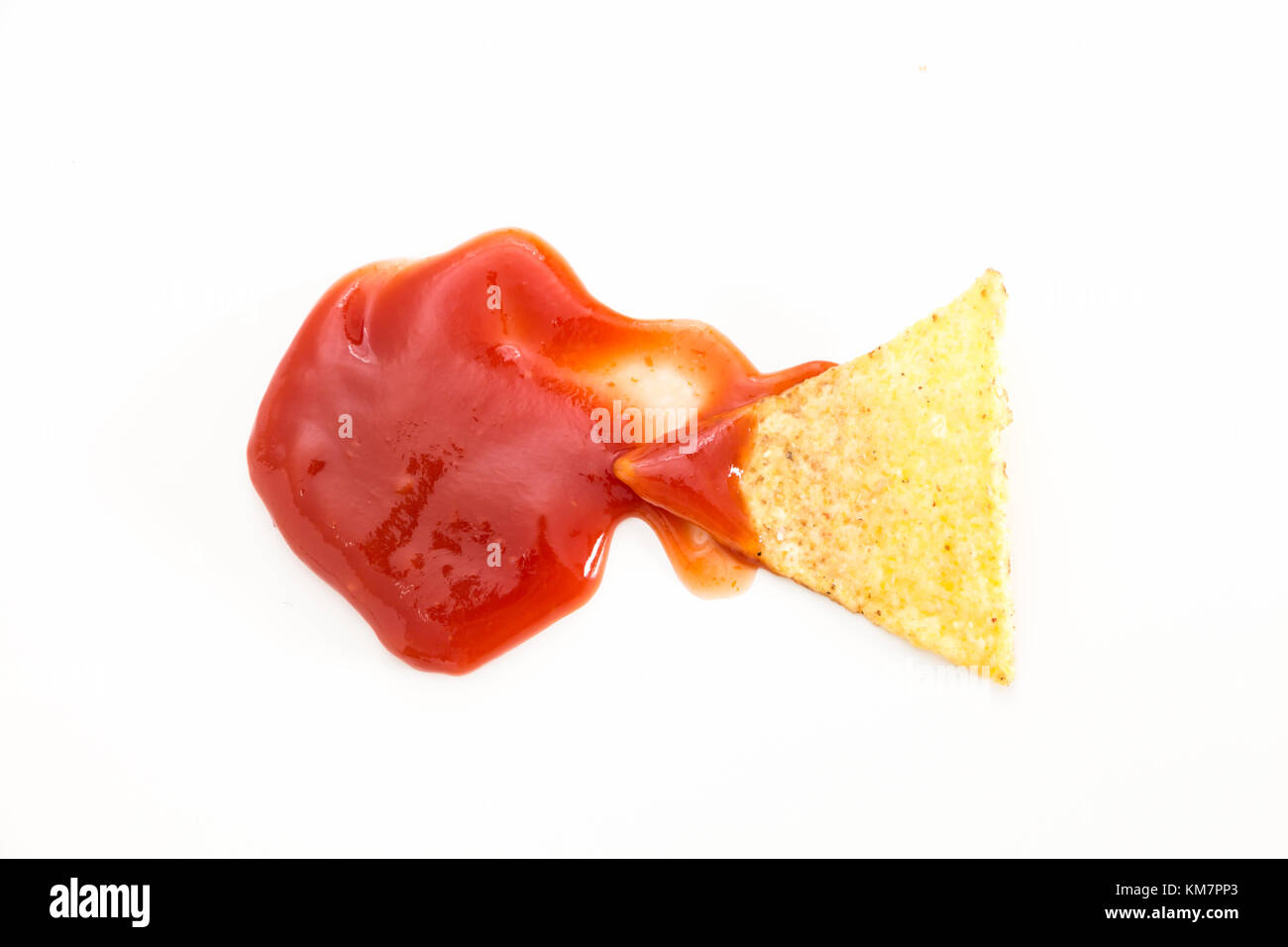 Crispy nacho chip in salsa, on white background Stock Photo - Alamy