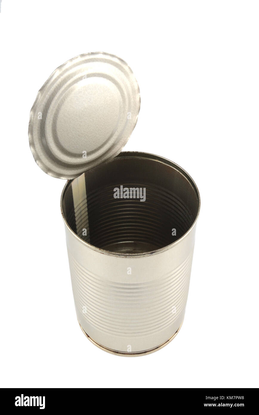 The open metal can on a light grey background Stock Photo - Alamy