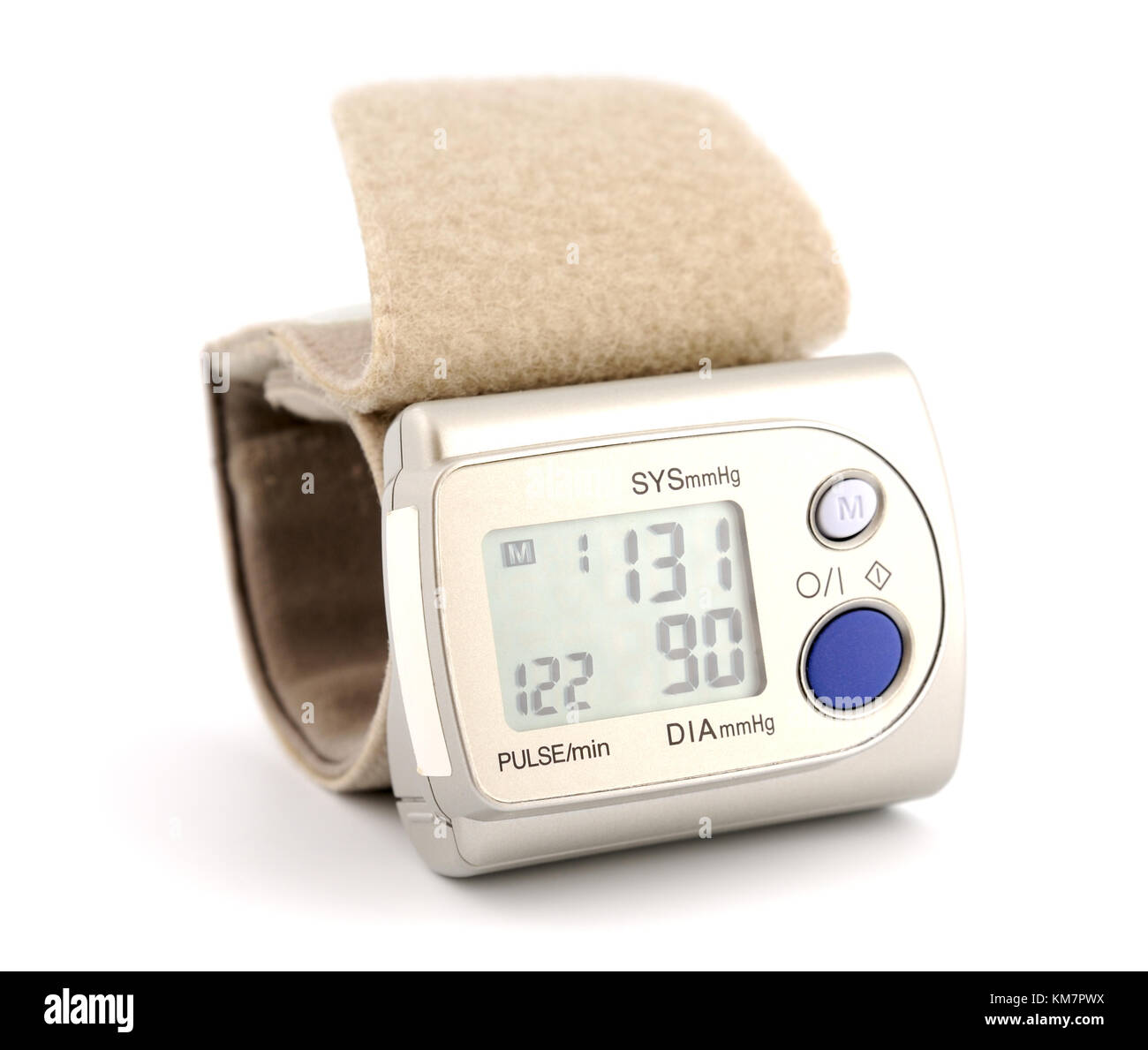 Modern digital blood pressure measurement equipment on a white ...