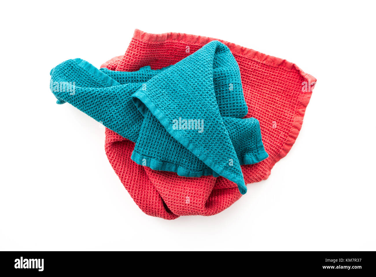 Messy crumpled colorful kitchen towels, on white background Stock Photo ...