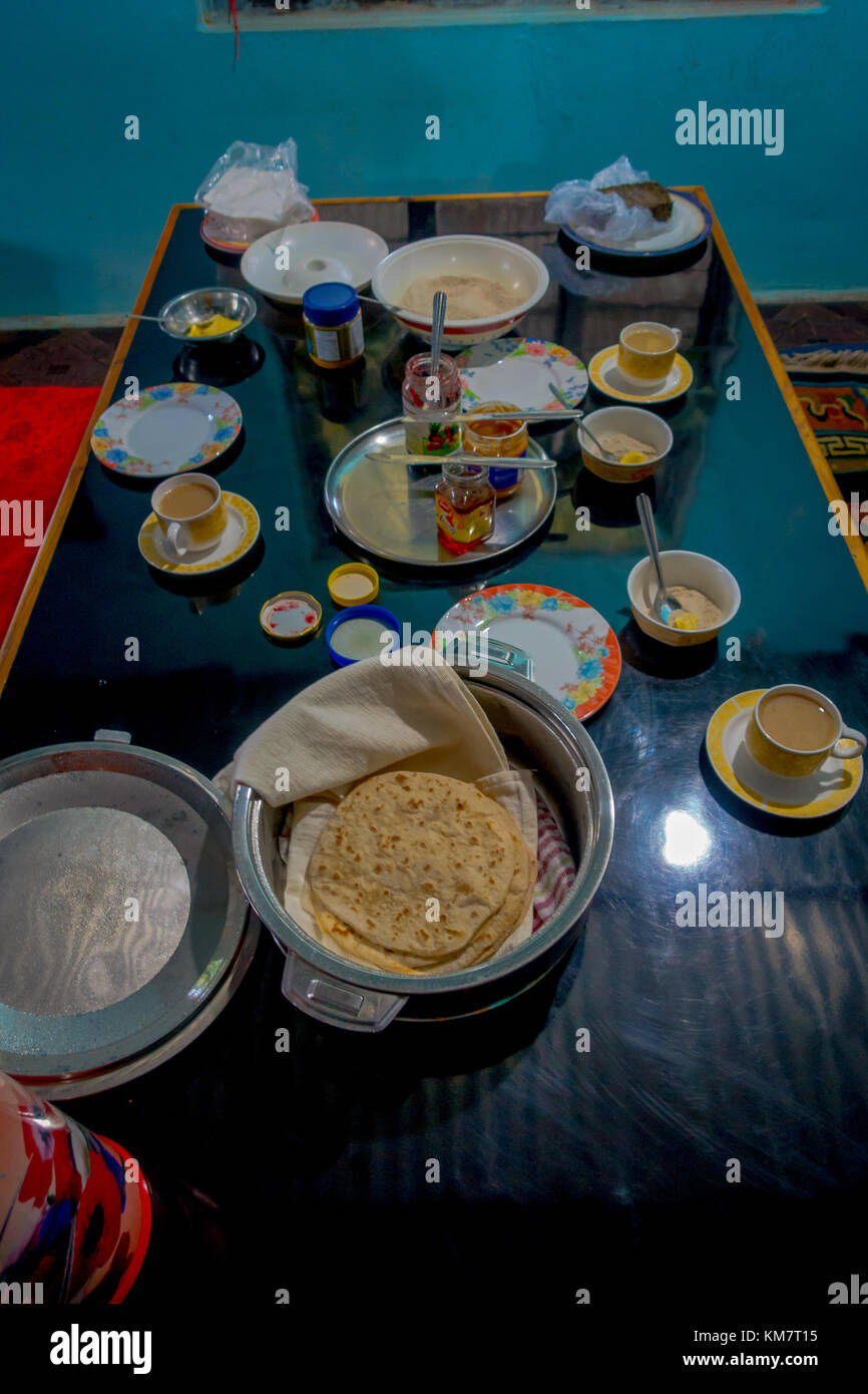 POKHARA, NEPAL - OCTOBER 06 2017: Assorted Nepali breakfast served on ...