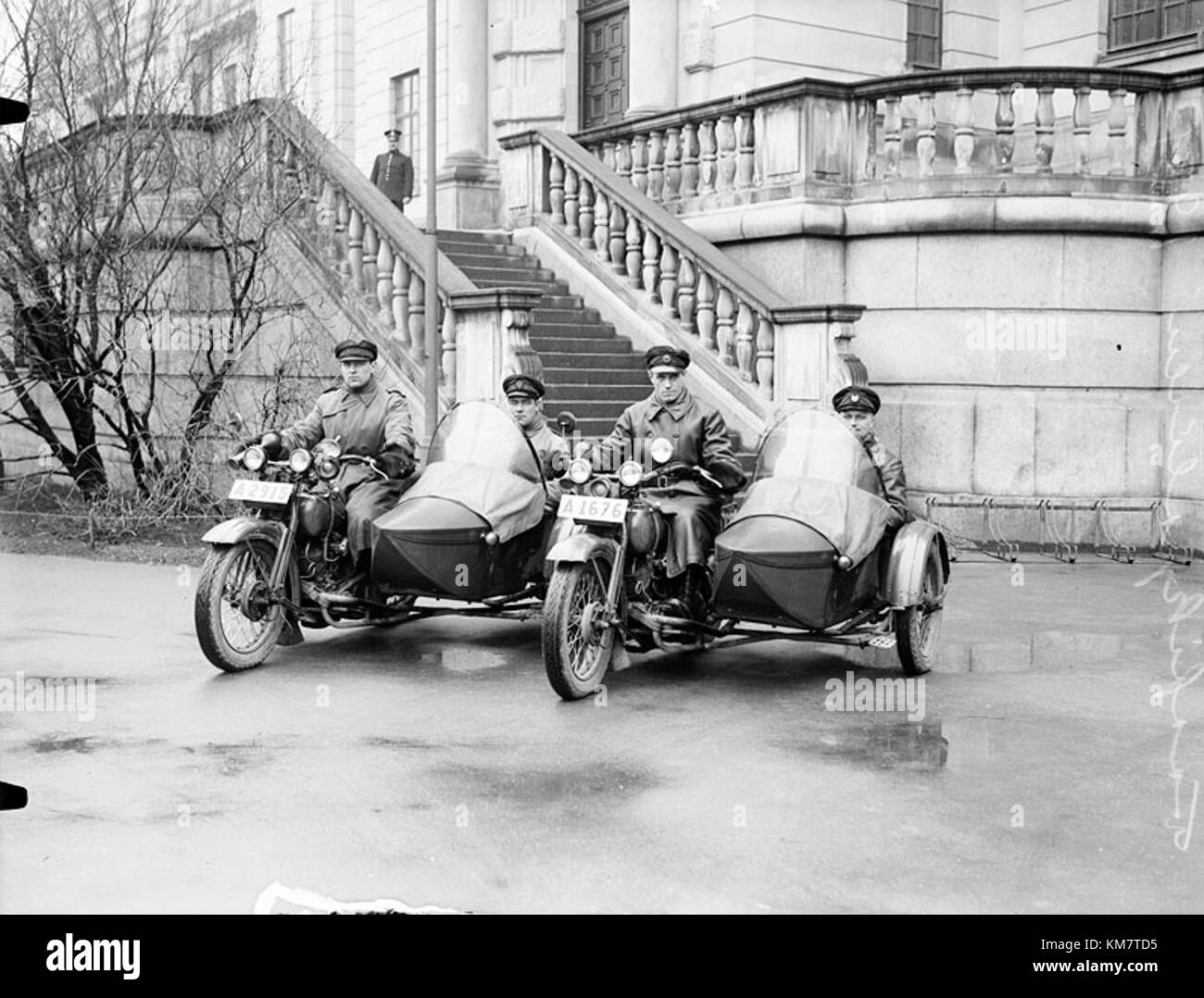 This image depicts a 1931 motorcycle patrol, showcasing the early use ...