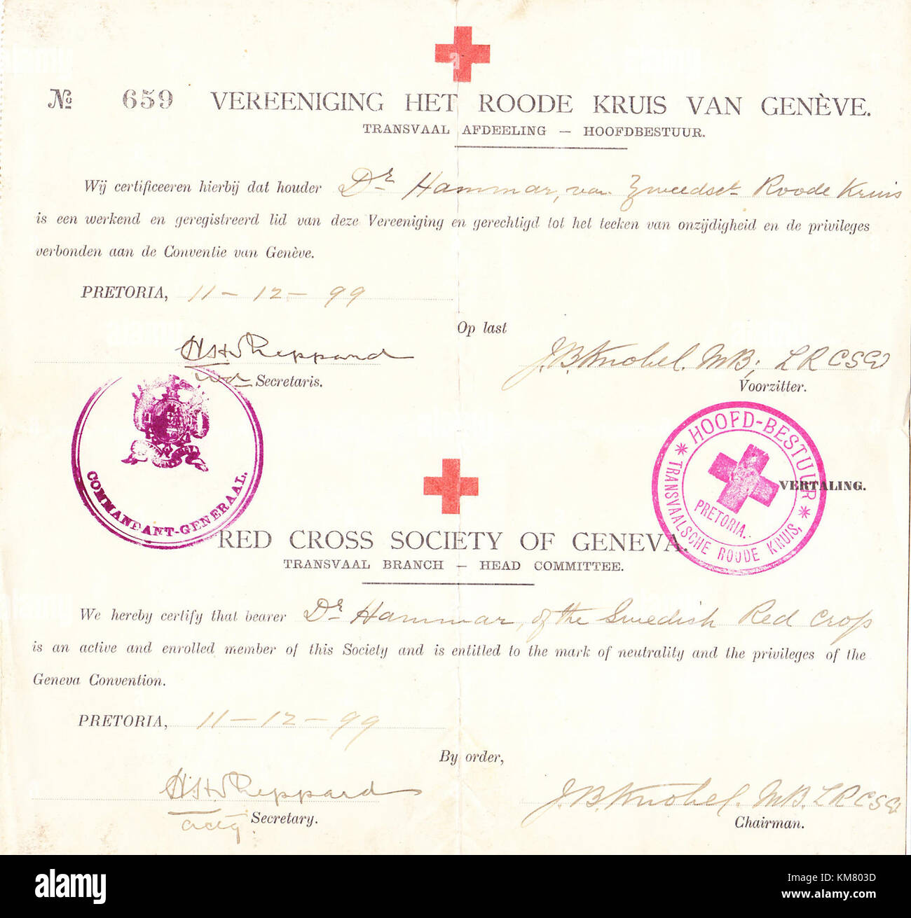 A Red Cross pass issued to Dr. Josef Hammar, likely a medical ...