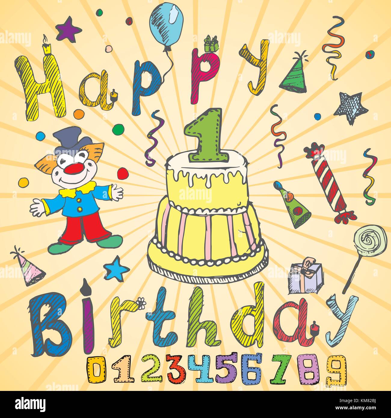 Birthday party elements colored hand drawn sketch with numbers Stock ...