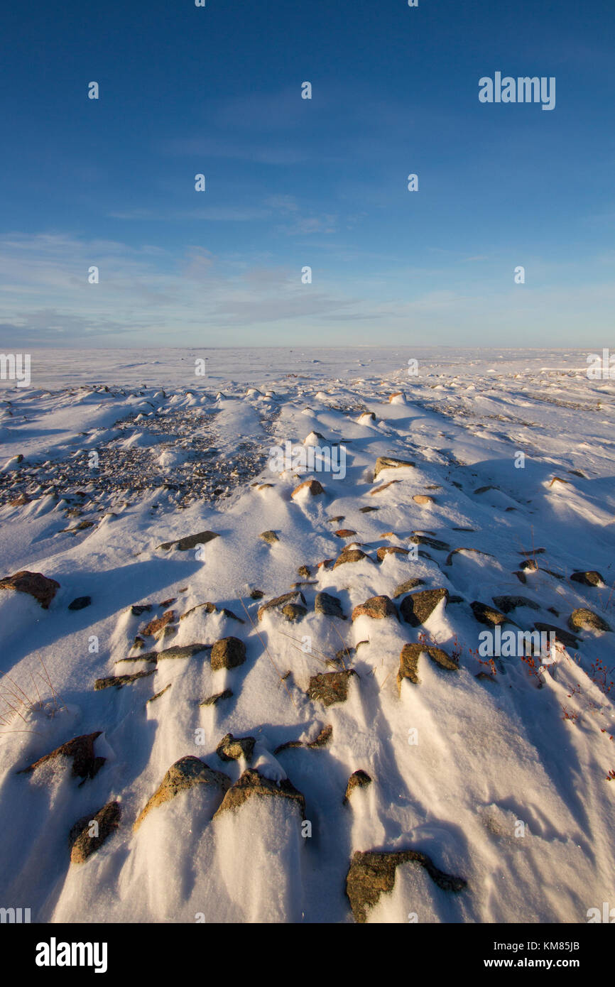 Frozen arctic landscape with snow on the ground near Arviat, Nunavut ...