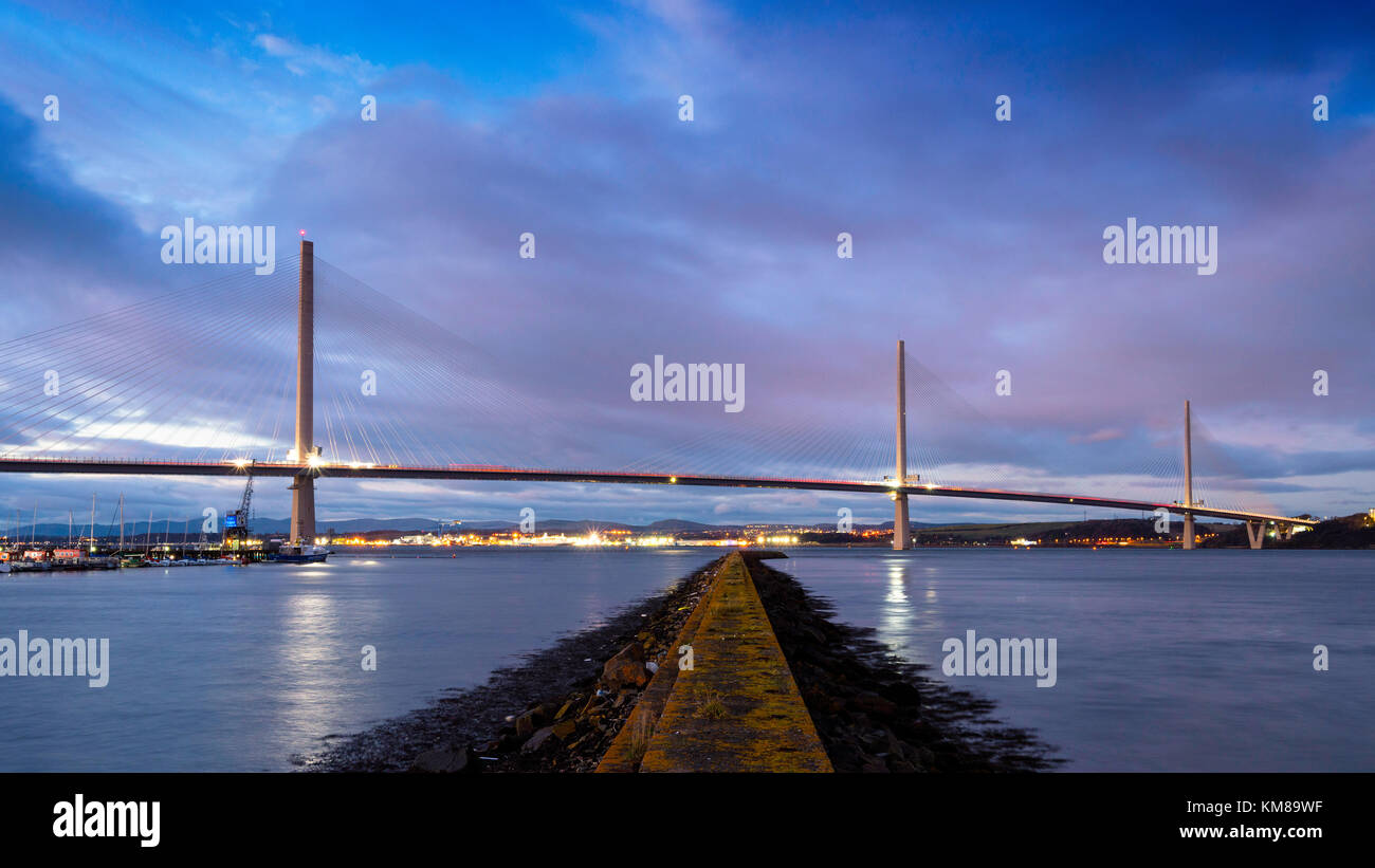 Night view of new Queensferry Crossing bridge spanning the Firth of ...