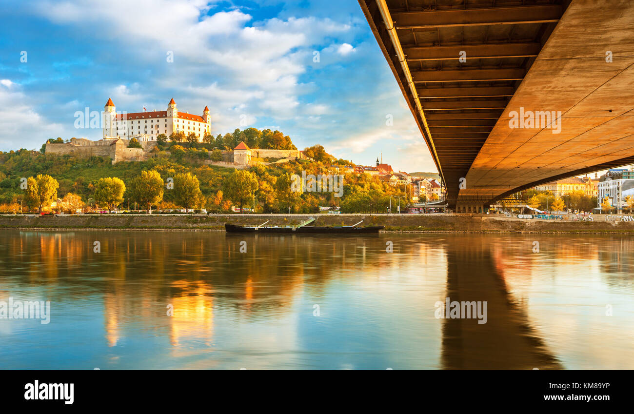 View on Bratislava castle and old town over the river Danube in ...
