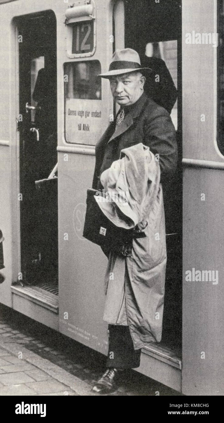 Per Albin Hansson, Swedish Prime Minister, is seen alighting from a ...