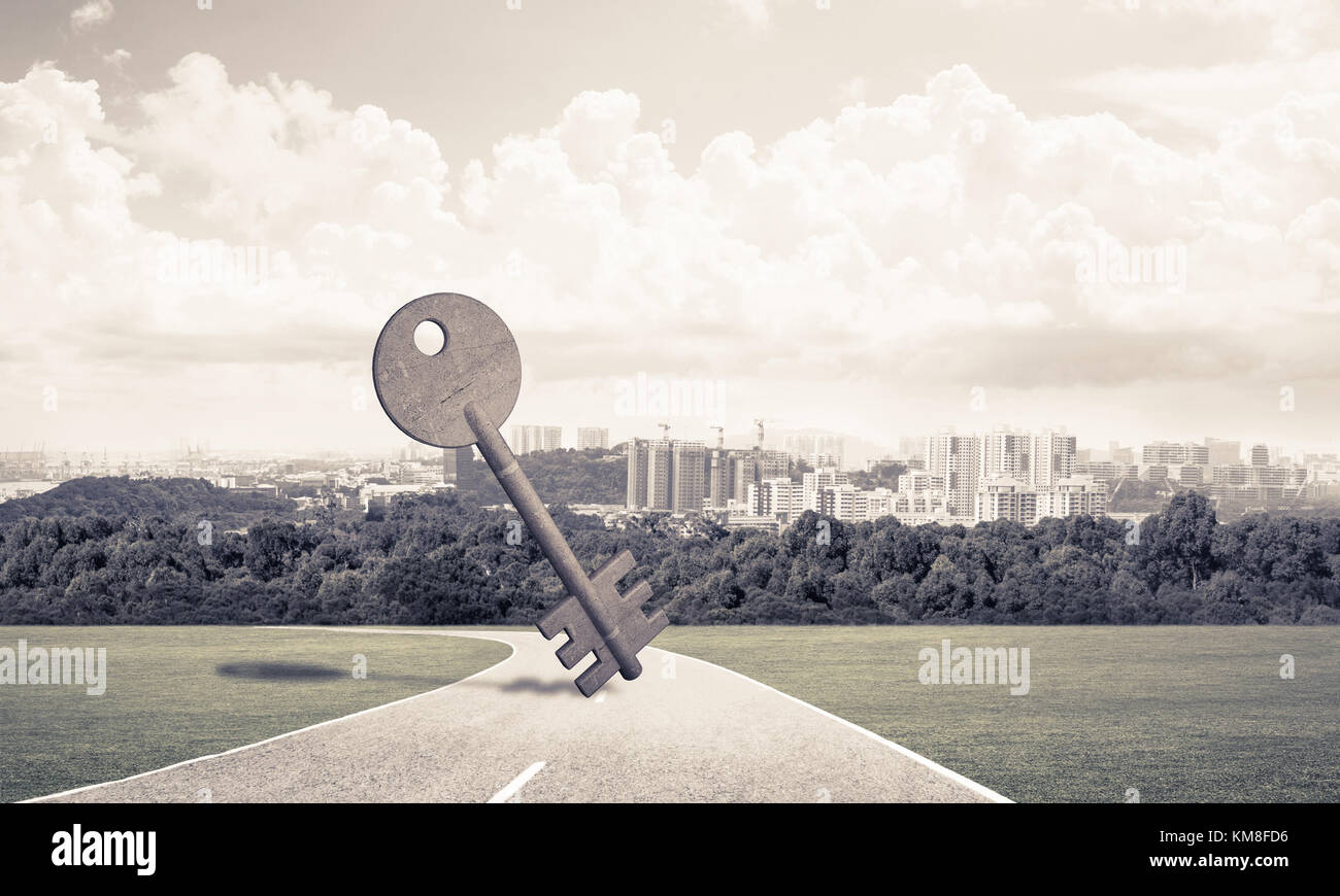 Conceptual background image of concrete key sign on asphalt road Stock ...