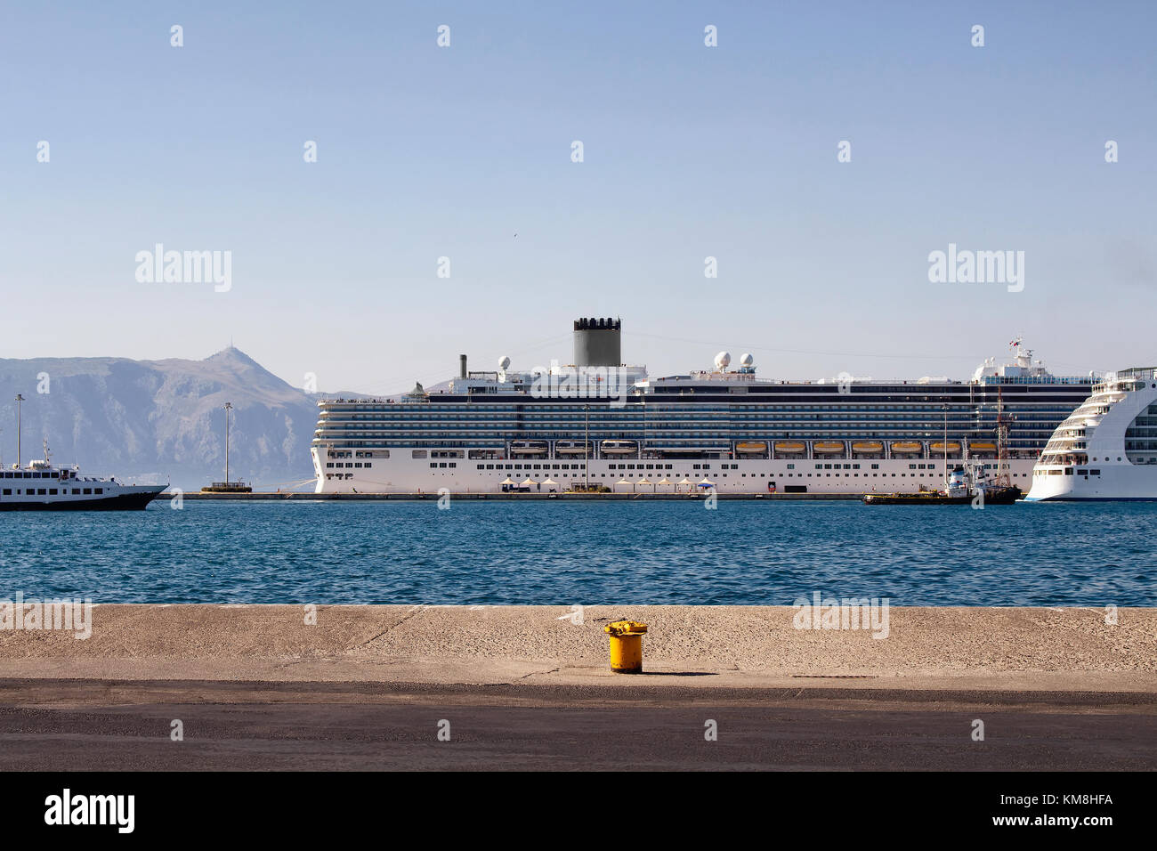 View of moored cruise ships at at Corfu (Kerkyra) harbor (port) in ...