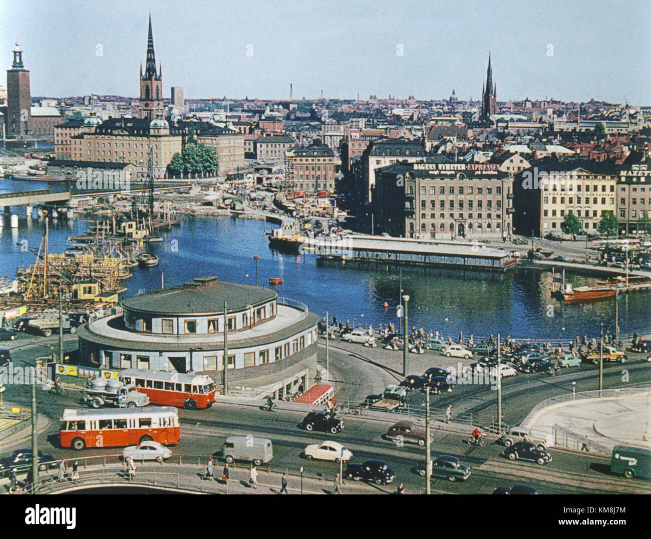 The 1956 panoramic photograph of Slussen, Stockholm, captures the ...